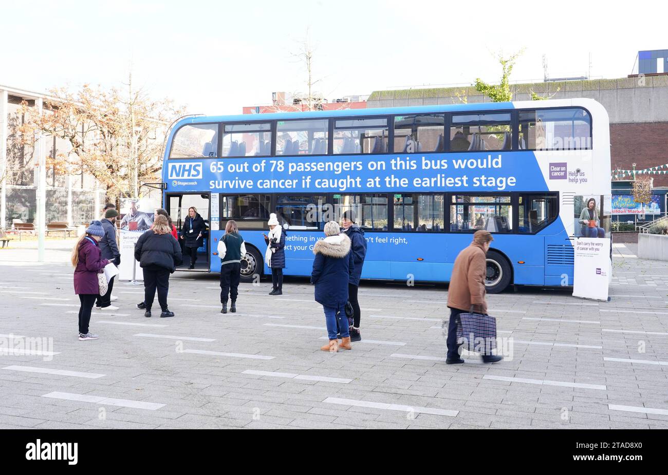 EDITORIAL USE ONLY The 'NHS Bus-ting Cancer' bus passes through ...