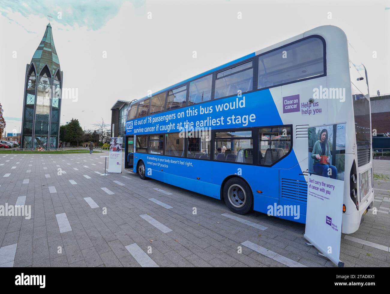 EDITORIAL USE ONLY The 'NHS Bus-ting Cancer' bus passes through ...