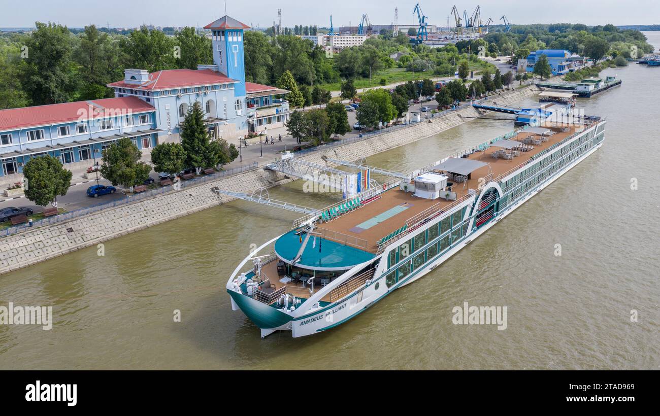 The river cruise ship Amadeus Brilliant moored in the Romanian port of ...