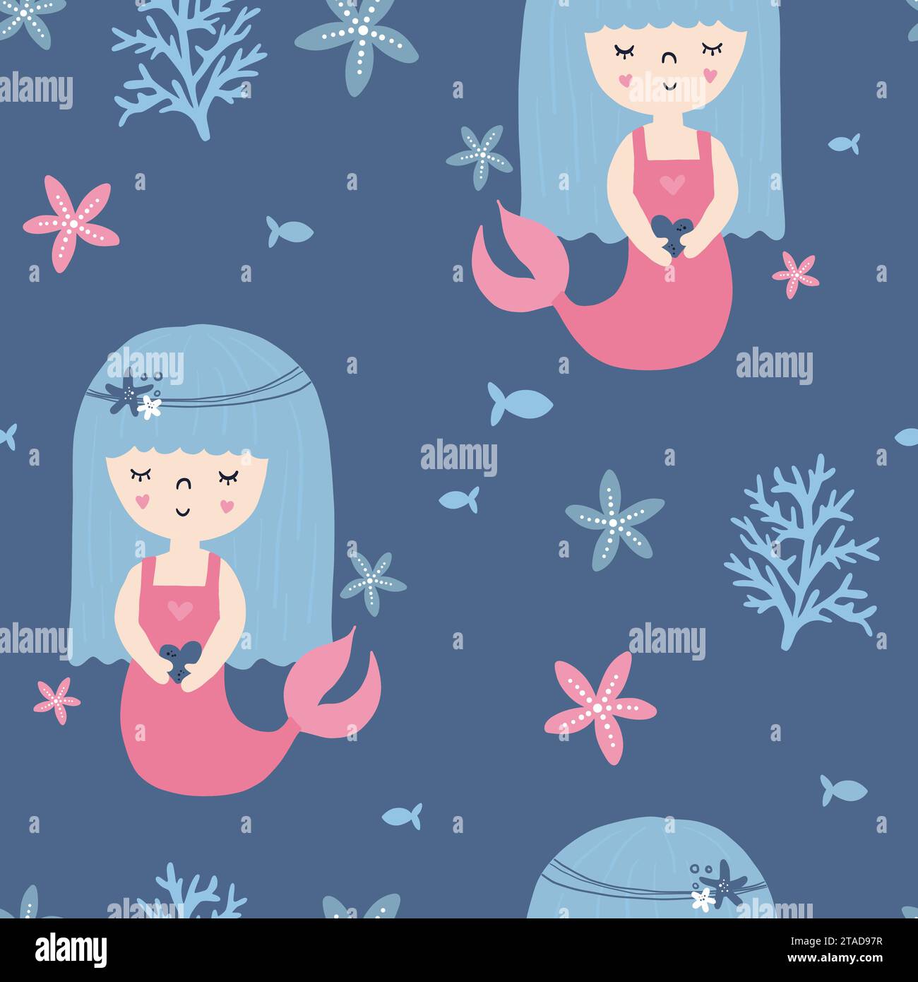 Vector seamless pattern with cute mermaid girls and underwater elements ...
