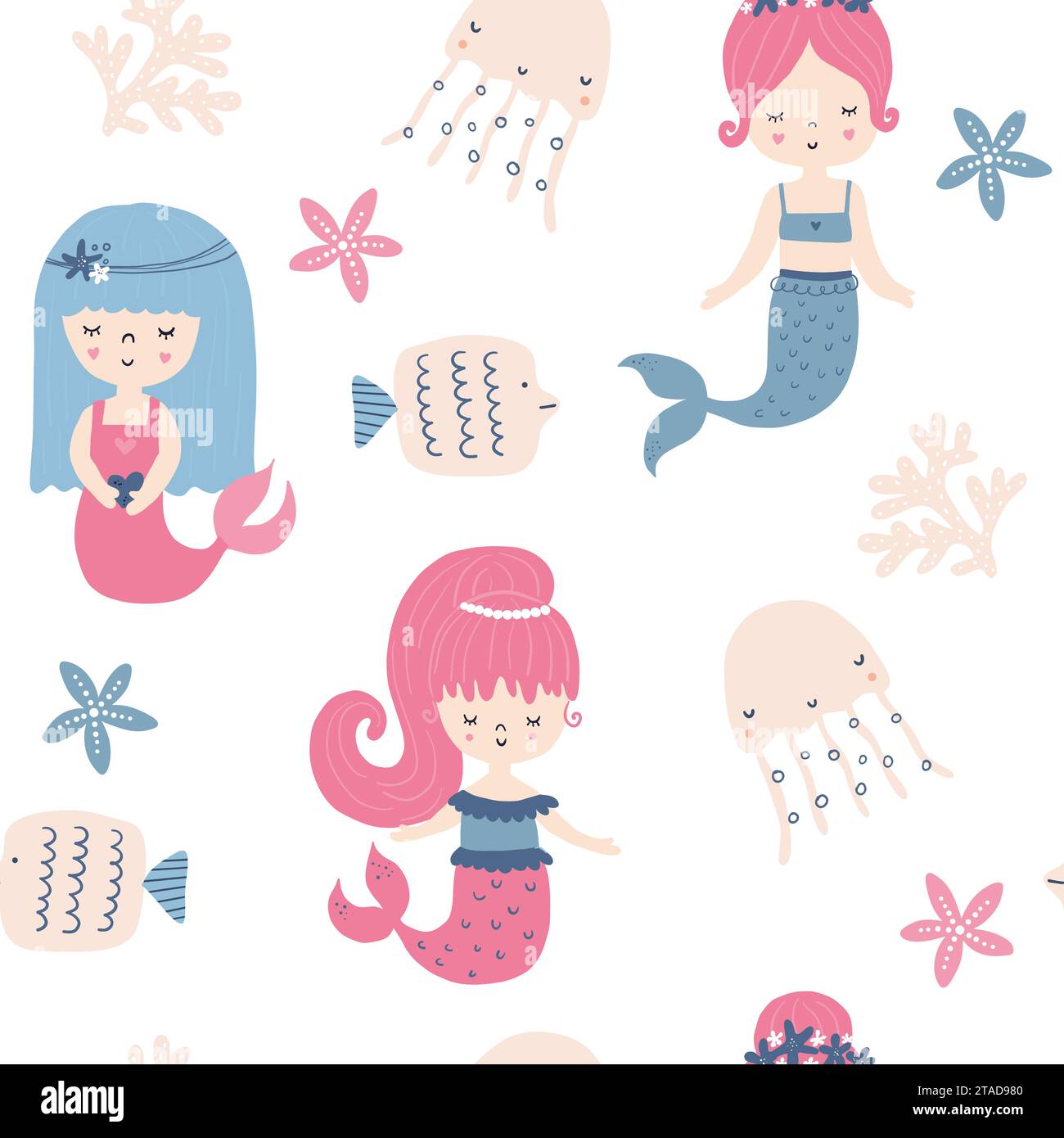 Vector seamless pattern with cute mermaid girls and underwater elements ...