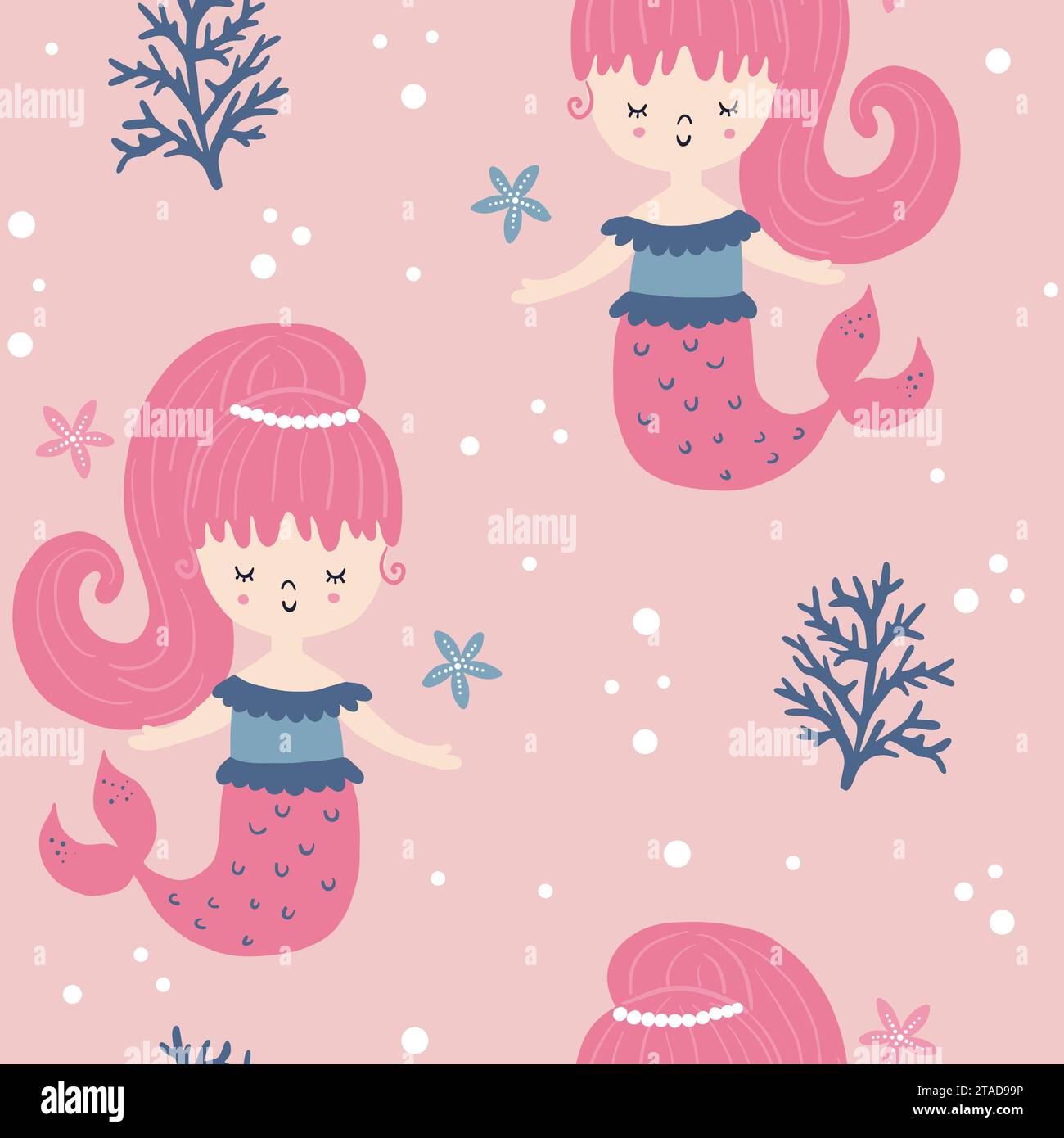 Vector seamless pattern with cute mermaid girls and underwater elements ...