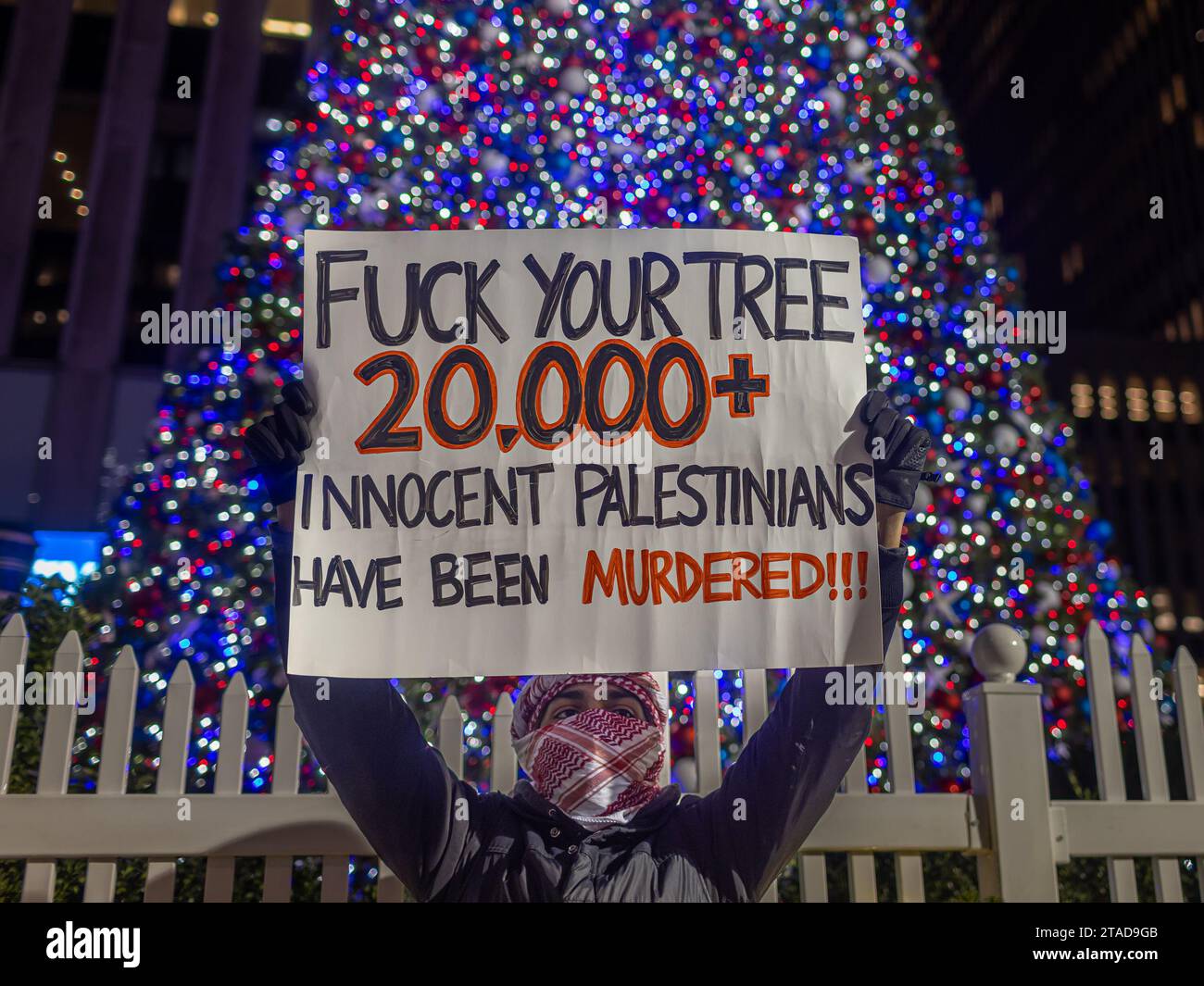 NEW YORK, NEW YORK - NOVEMBER 29: A pro-Palistine protester holds up a ...