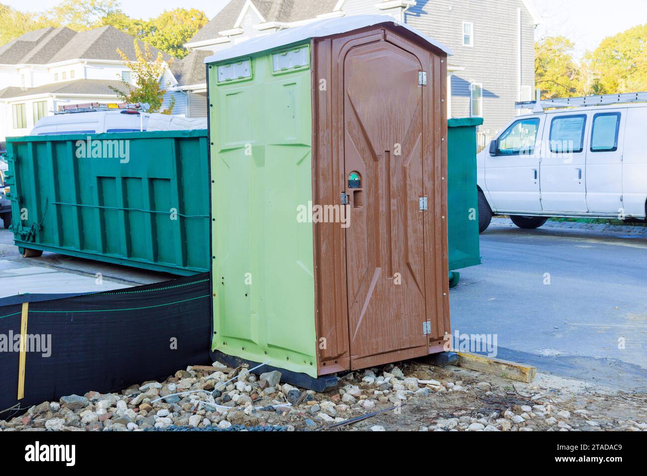 On construction site during building of new home, there is portable ...