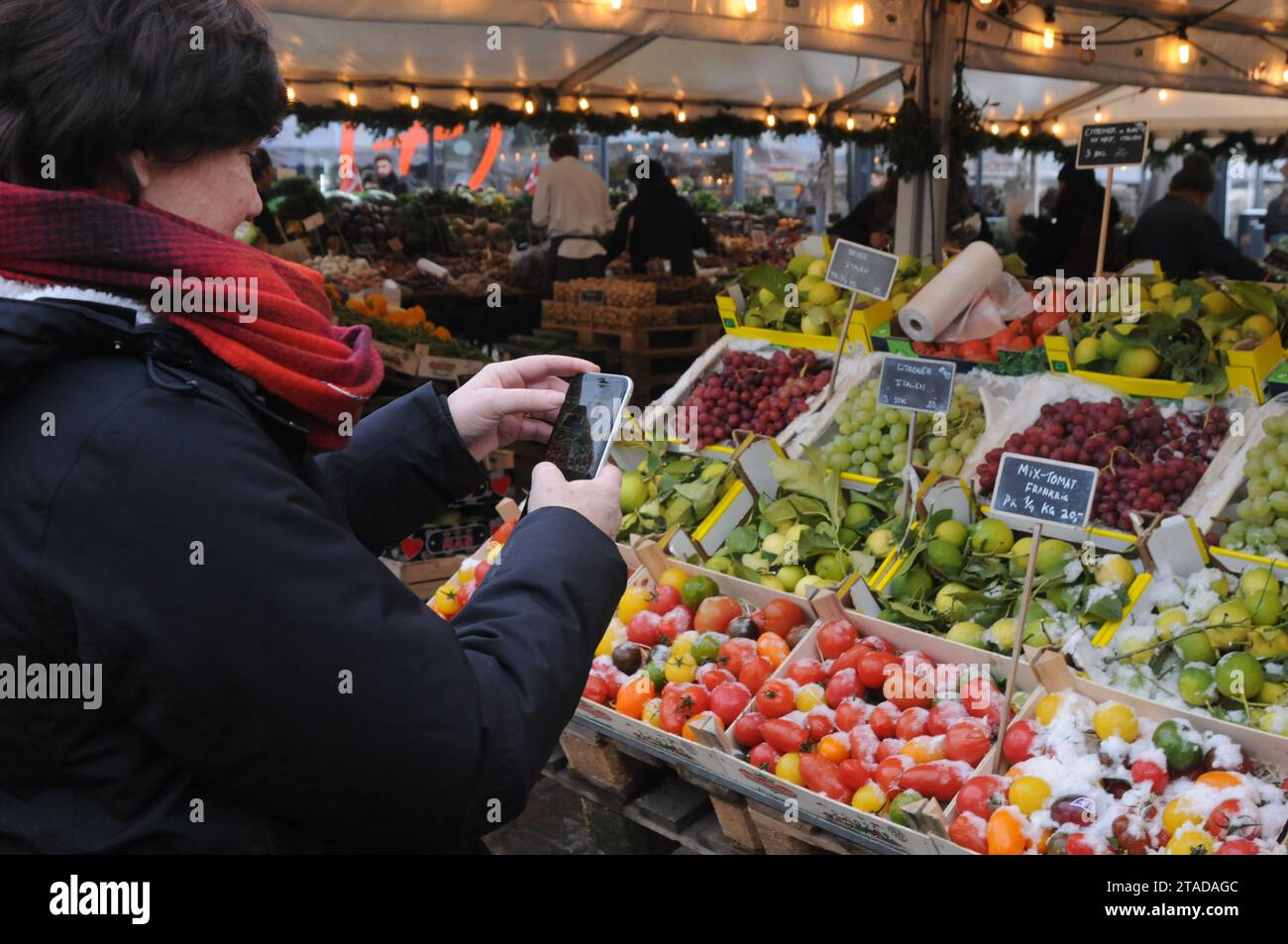 Copenhagen, Denmark /30 November. 2023/Shoppers at farmers market or ...