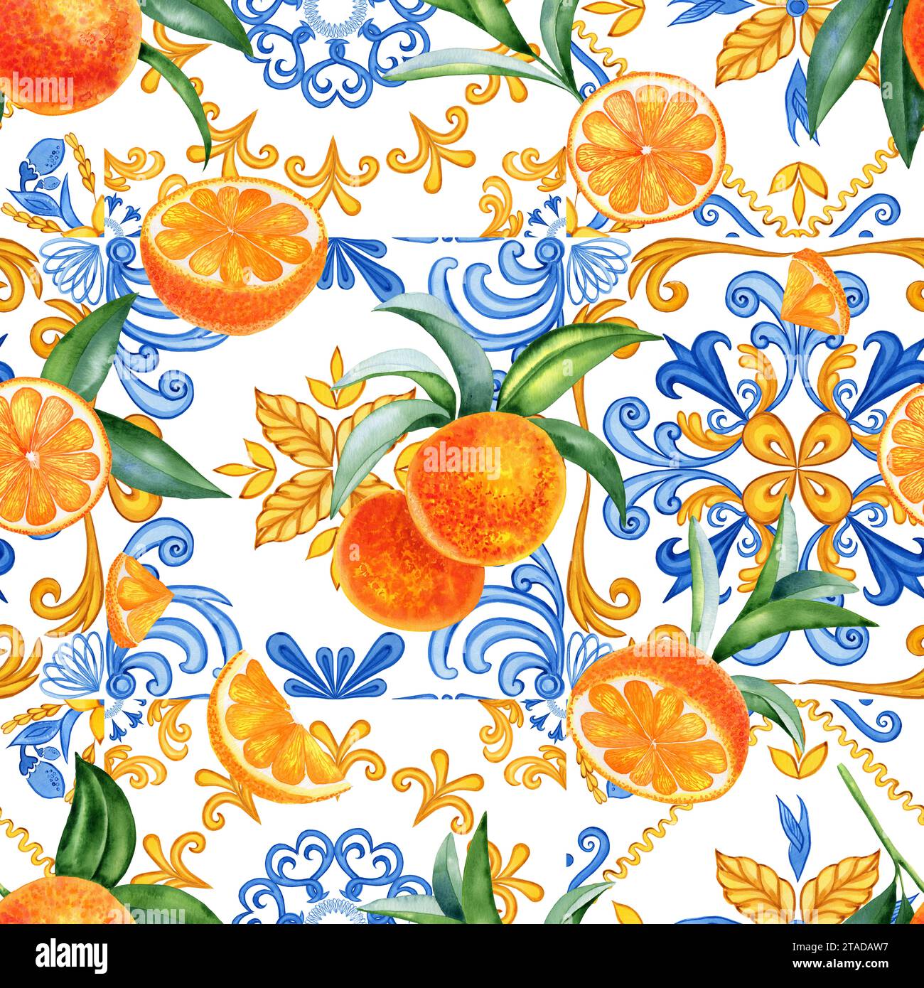 Sicilian majolica and ripe oranges seamless pattern. Watercolor hand ...