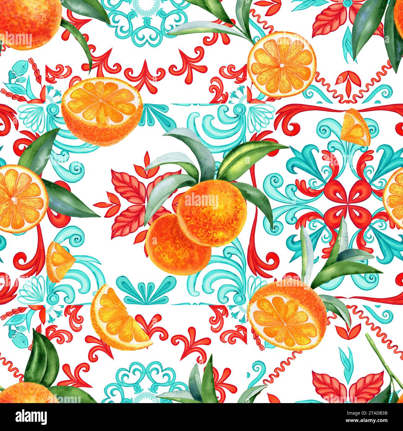 Sicilian majolica and ripe oranges seamless pattern. Watercolor hand ...