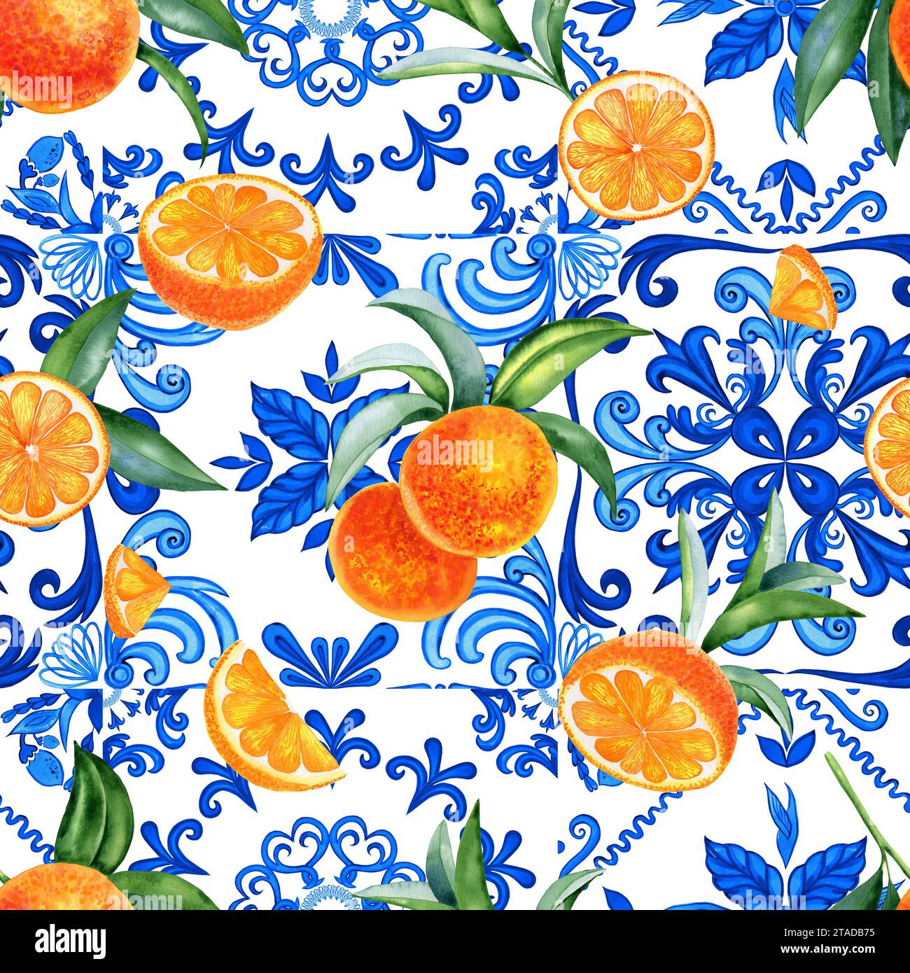 Sicilian majolica and ripe oranges seamless pattern. Watercolor hand ...
