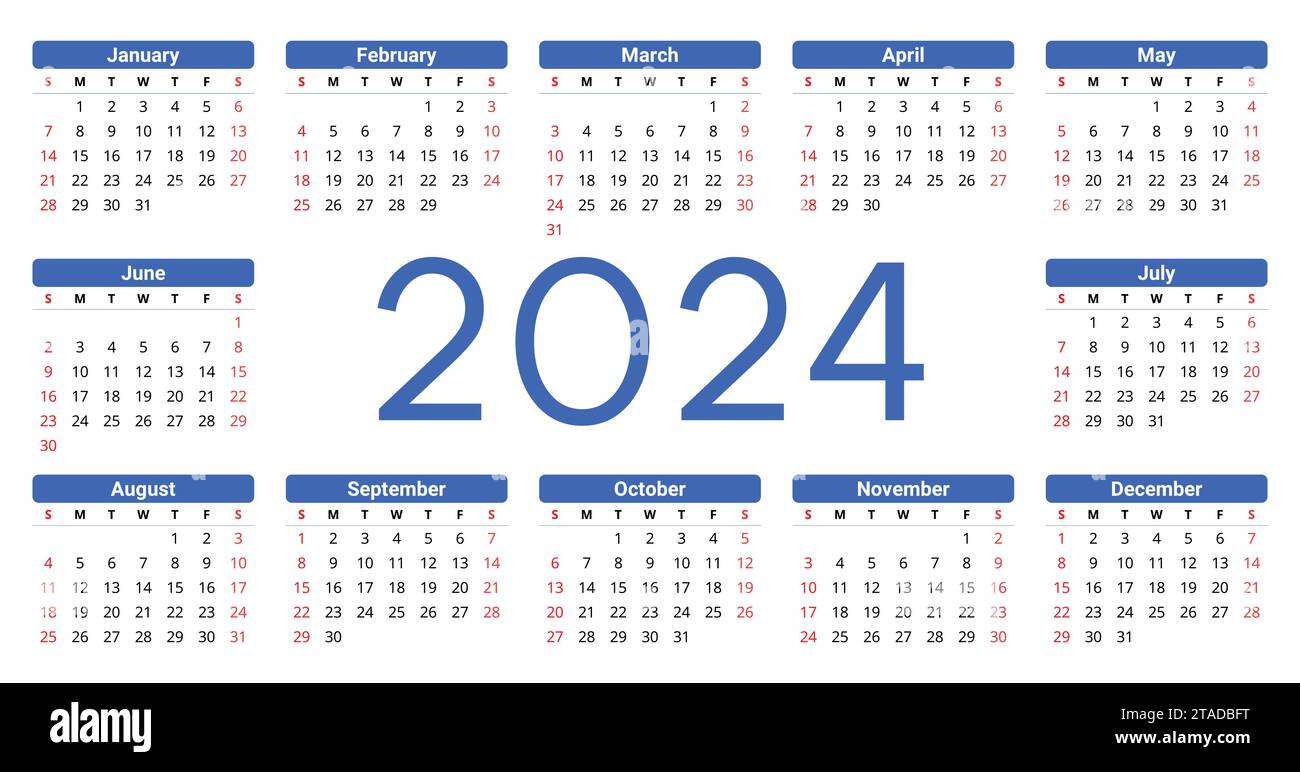 2024 year calendar. Printable vector illustration. English, horizontal ...