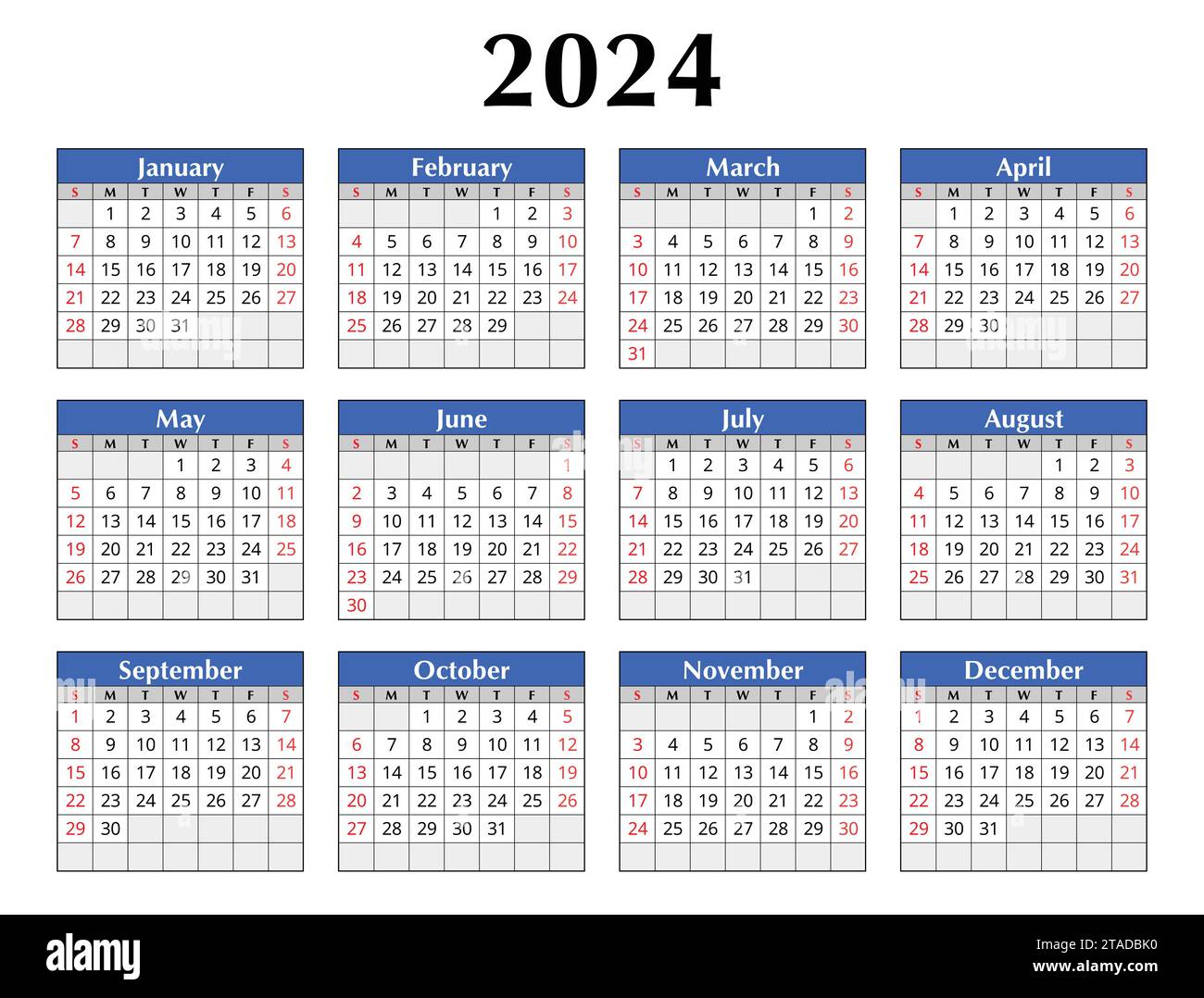2024 year calendar. English, horizontal. Printable vector illustration ...
