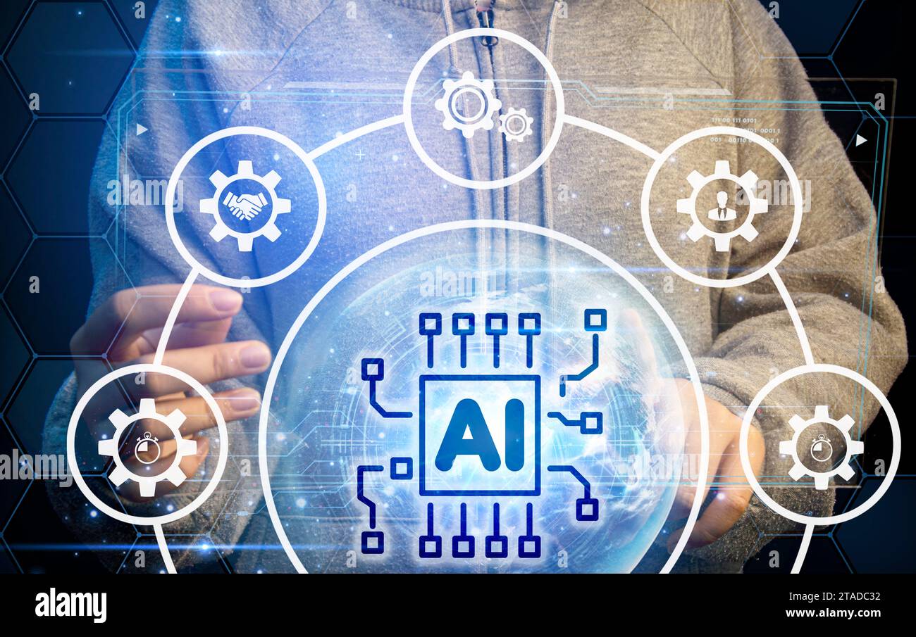Ai tech, businessman show virtual graphic Global Internet connect with AI, Artificial ...