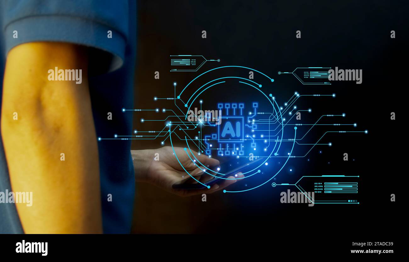 Ai tech, businessman show virtual graphic Global Internet connect with AI, Artificial ...