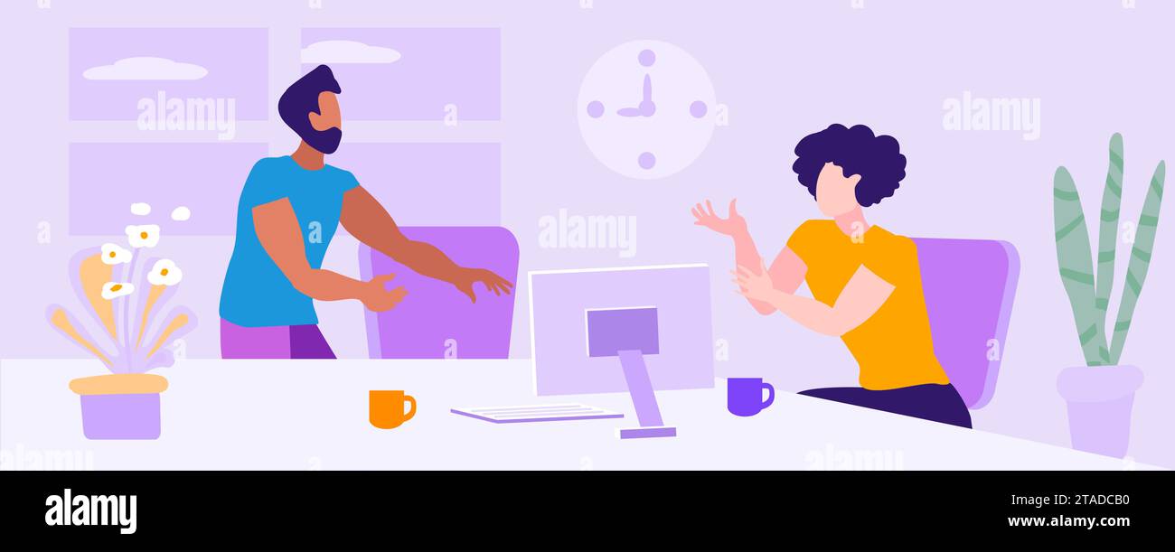 Family in the home office. Guys talk emotionally. Window with indoor ...