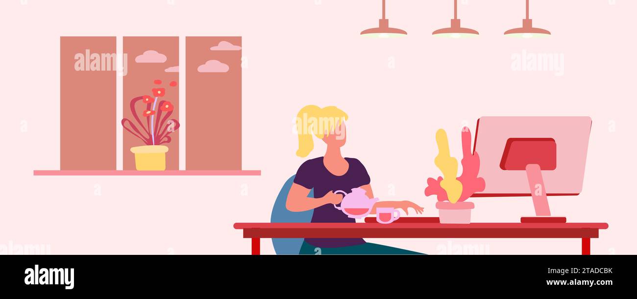 Girl at the computer. Remote work concept. Remote work for a freelancer ...