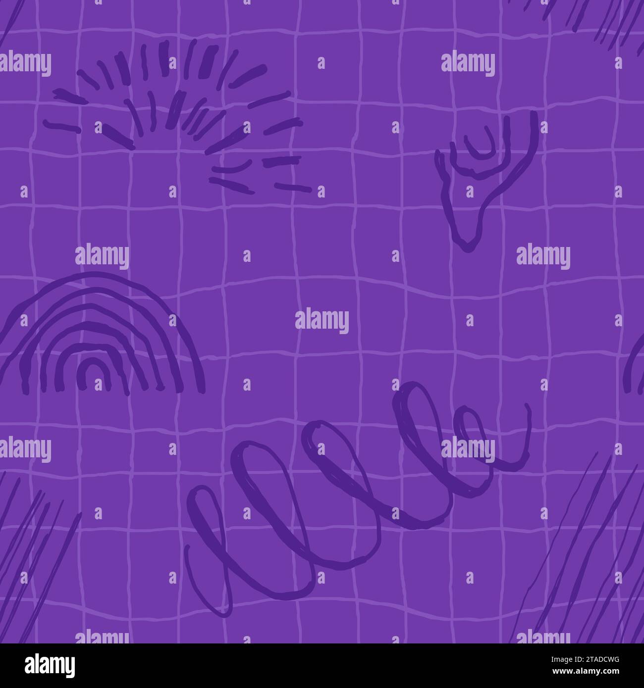 Naive seamless squiggle pattern with purple checkered lines on a dark ...