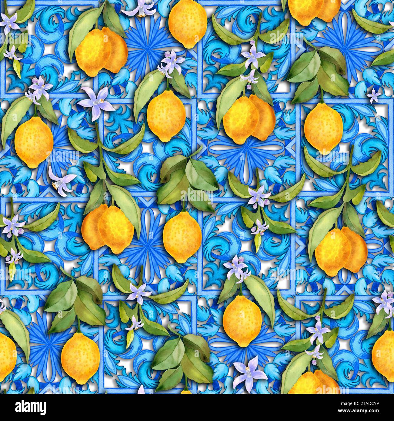 Mediterranean seamless pattern. Blue majolica tiles and yellow lemons ...
