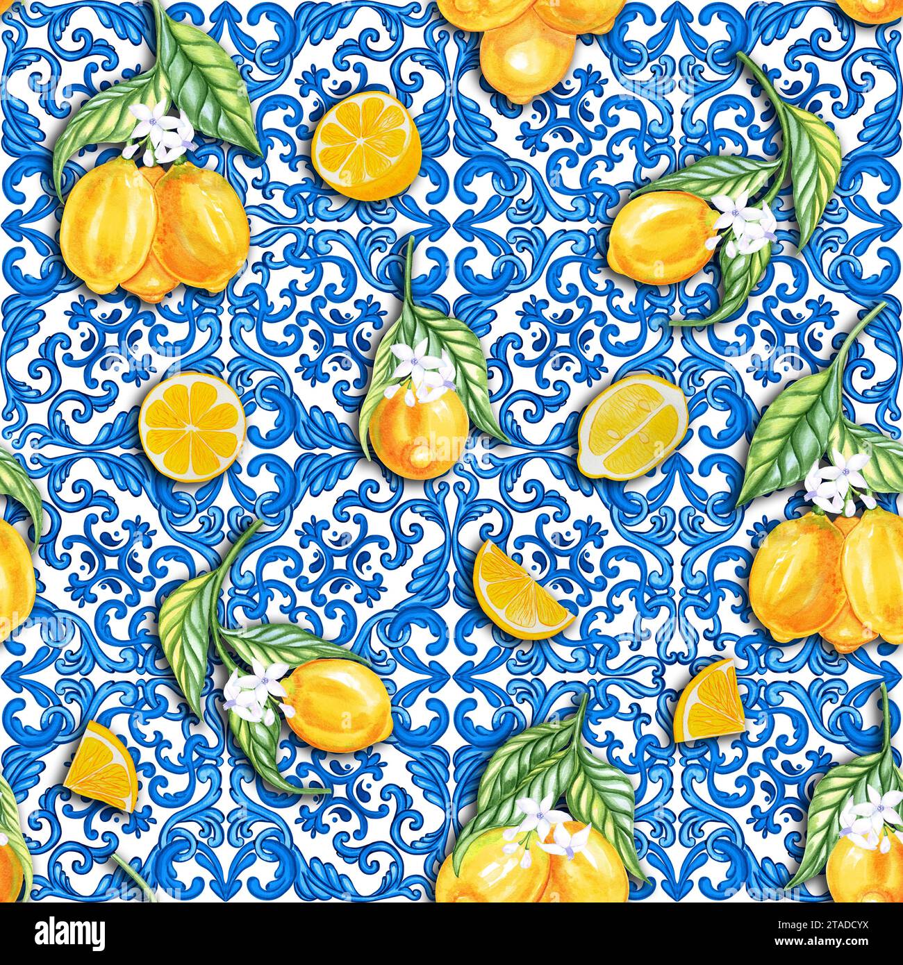 Mediterranean seamless pattern. Blue majolica tiles and yellow lemons ...