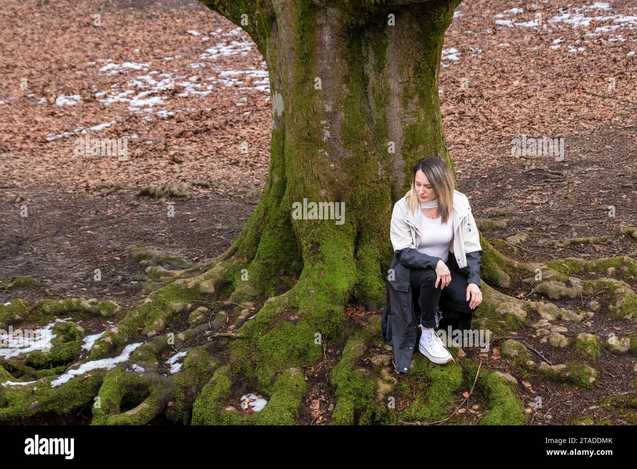 woman sitting on moss-covered tree roots in a forest, wearing a white ...