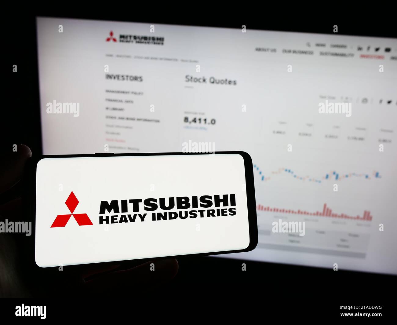 Person holding mobile phone with logo of Japanese company Mitsubishi Heavy Industries Ltd. (MHI ...