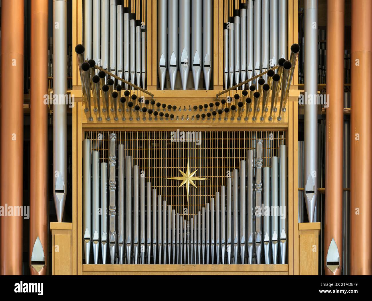 Closeup of pipe organ in rear of the modern St Peter's Lutheran Church ...