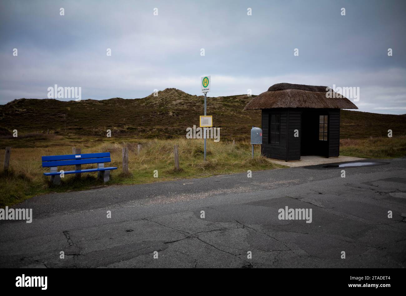 Bus stop with thatched roof, List nudist beach bus stop, bench, North ...