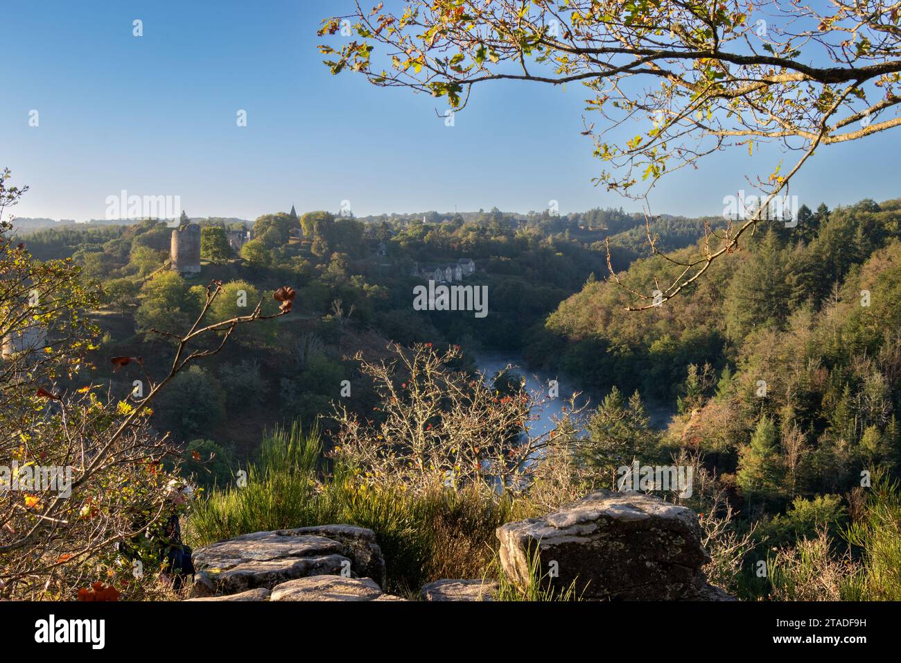 An early morning view of Medieval ruins of fort at Crozant in Creuse ...