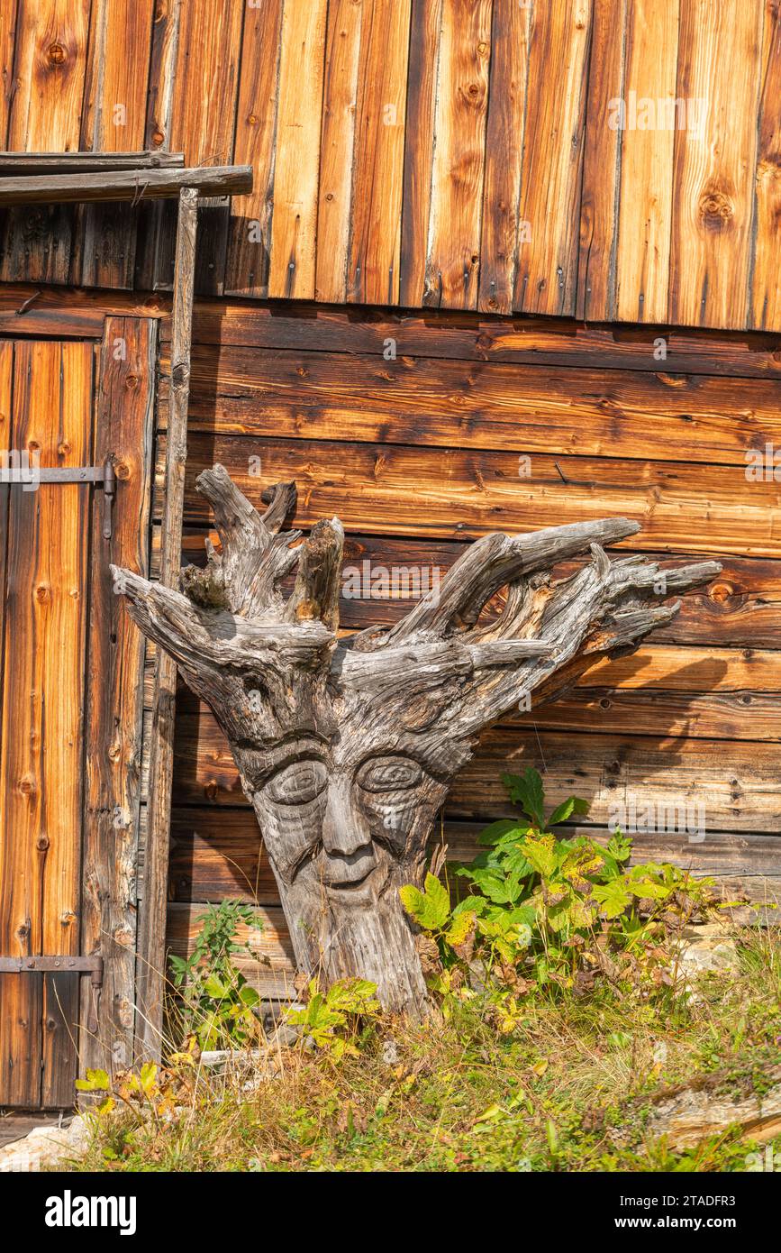 Wooden alpine hut with an art object, Mount Penken, Penkenjoch (2.095m ...