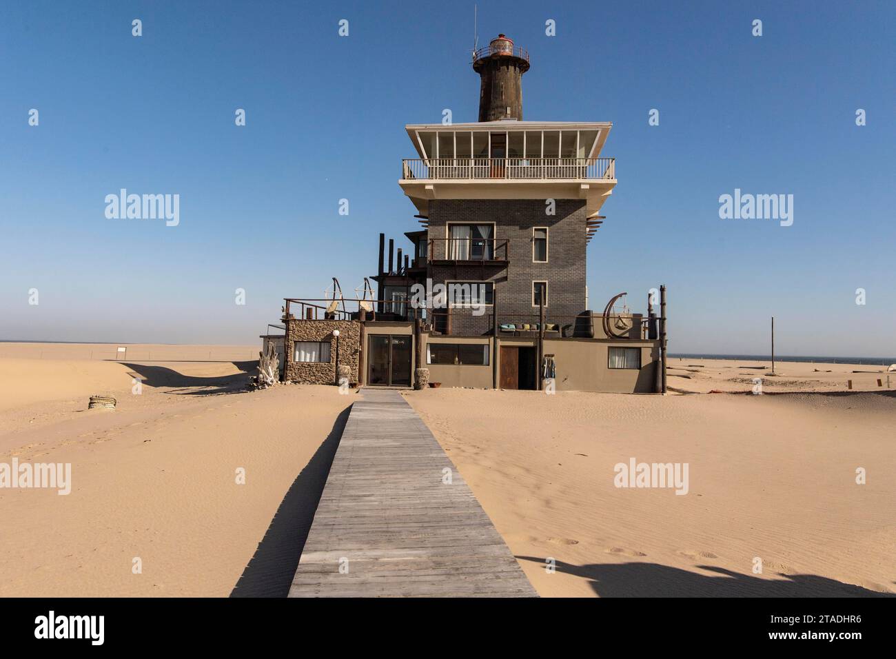 Pelican Point lighthouse, lodge, Walvis Bay, Erongo, Namibia Stock ...