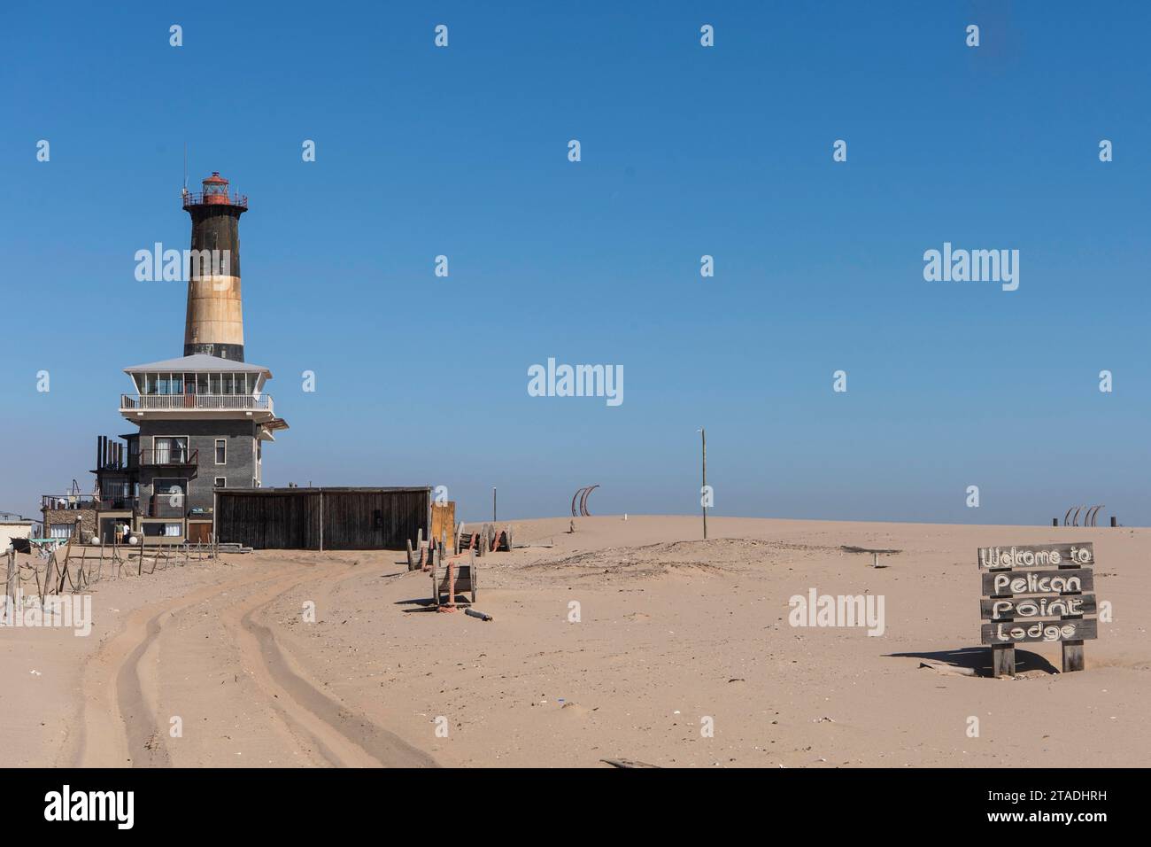 Pelican Point lighthouse, lodge, Walvis Bay, Erongo, Namibia Stock ...