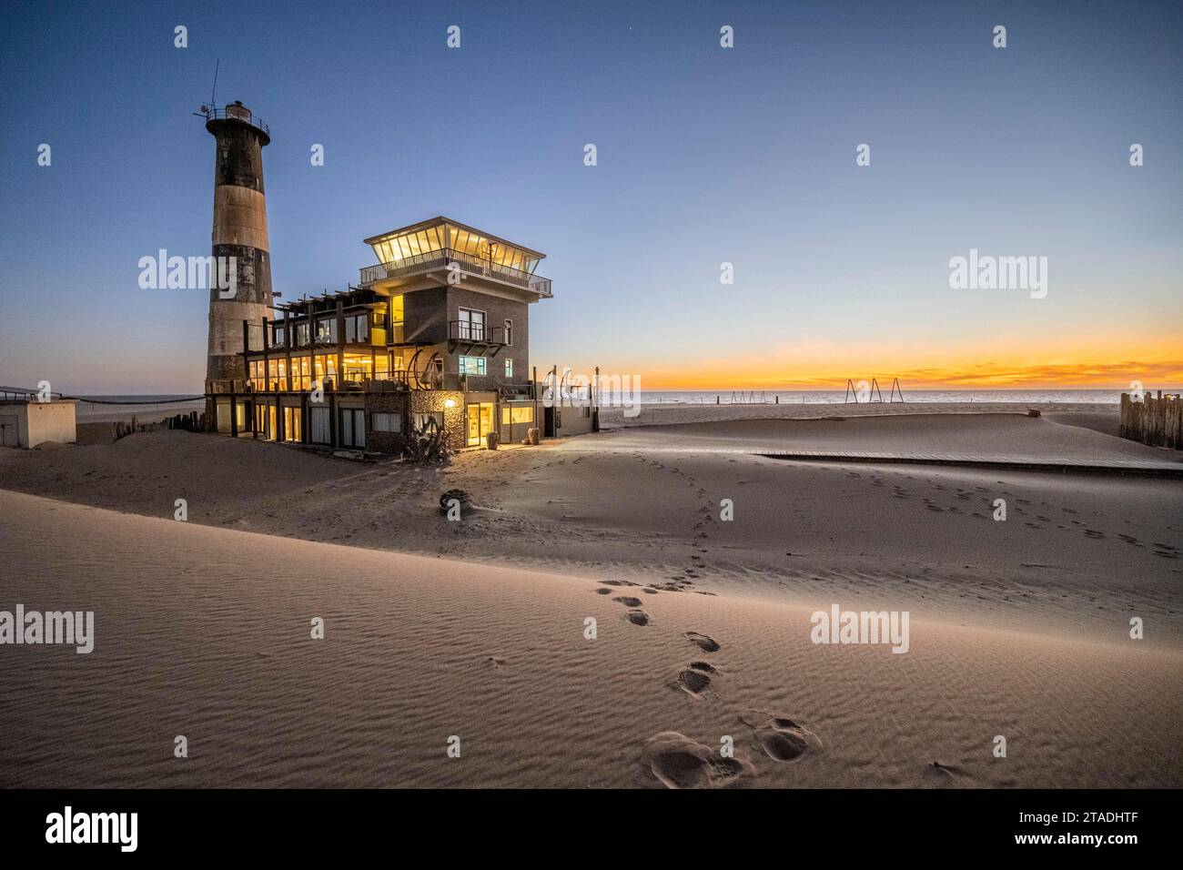 Pelican Point lighthouse, lodge, Walvis Bay, Erongo, Namibia Stock ...