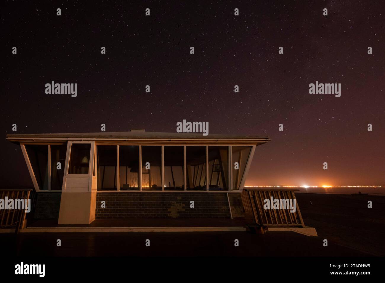 Pelican Point lighthouse with starry sky, Walvis Bay, Erongo, Namibia ...