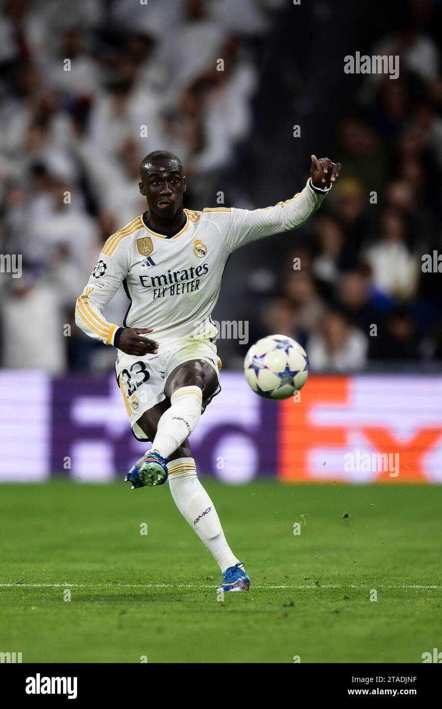 Milan, Italy. 29 November 2023. Ferland Mendy of Real Madrid CF kicks ...