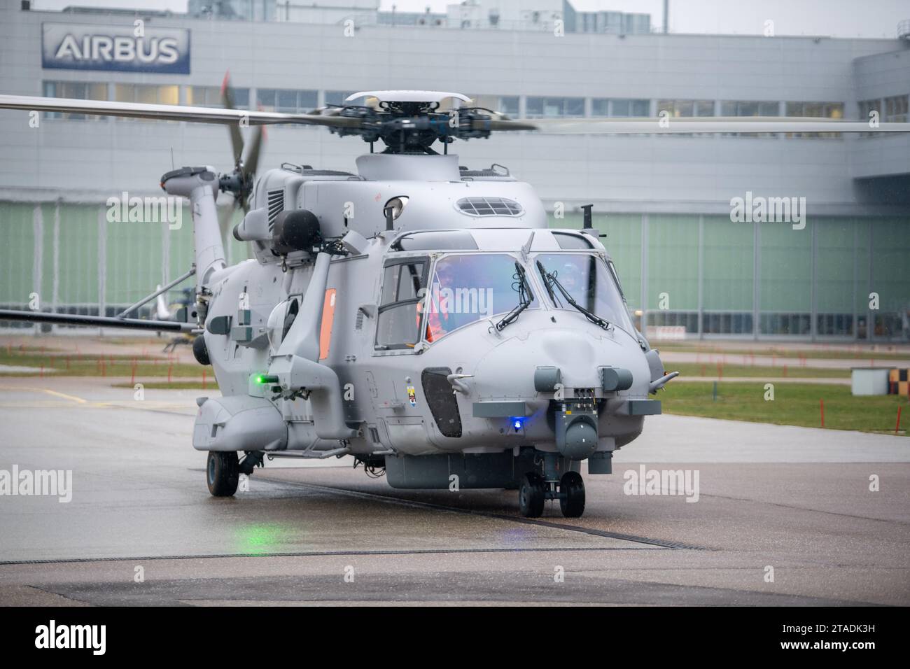 30 November 2023, Bavaria, Donauwörth: An NH90 Sea Tiger combat helicopter rolls over the ...