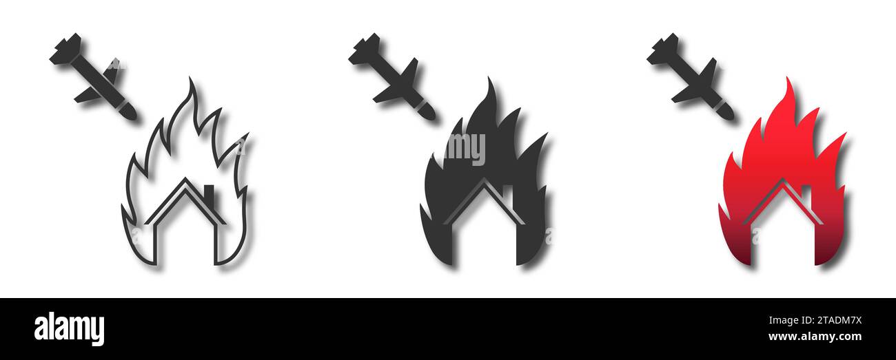 Home in fire and a cruise missile falling on it. Vector illustration ...