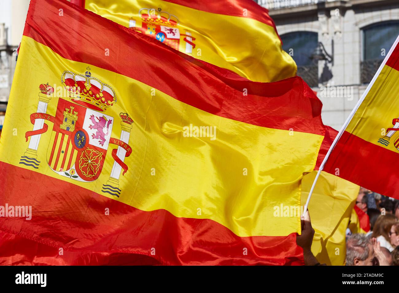 Spanish flags and coat of arms. Nation emblem. Spain Stock Photo - Alamy