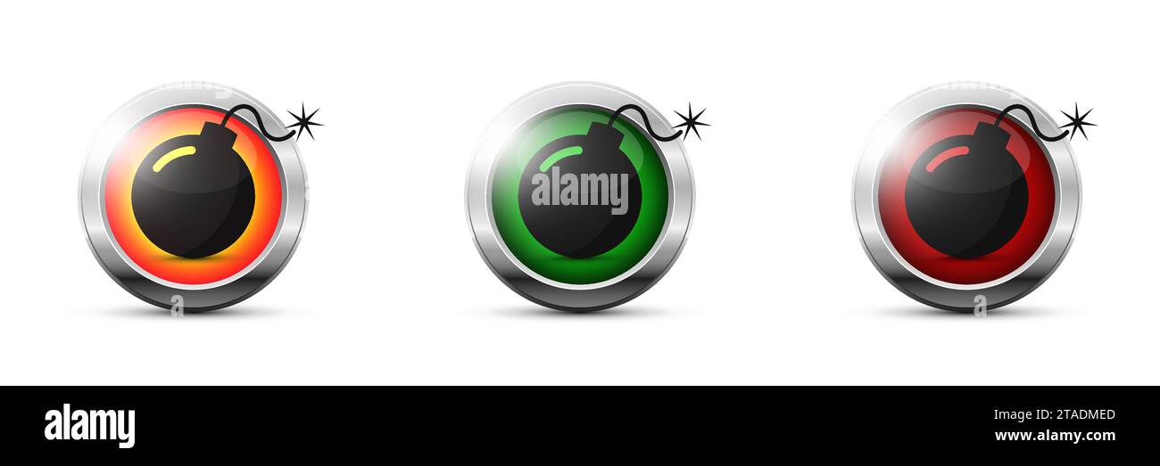 Bomb icons on a round colored glossy buttons. Flat vector illustration ...