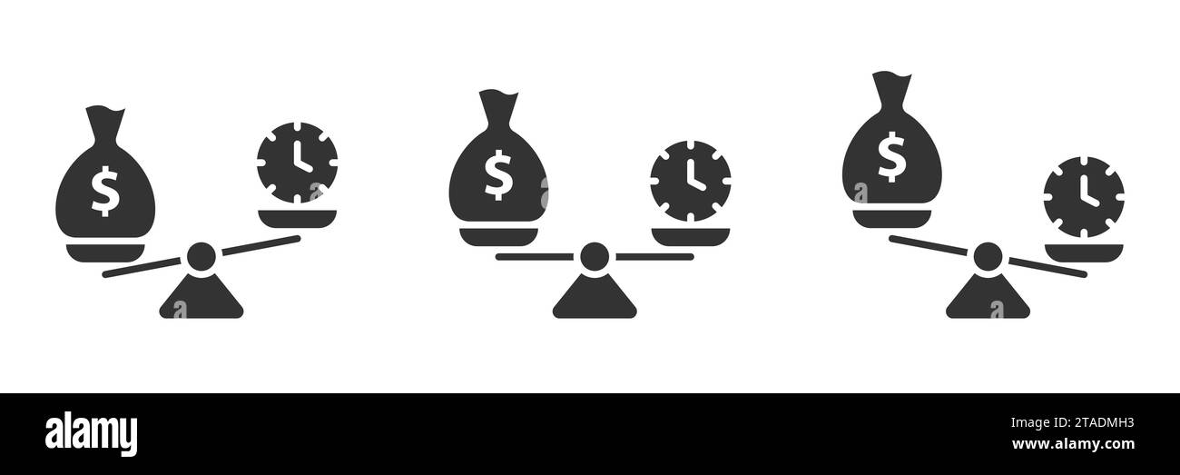 Time and money scales icon. Scales with a bag of money on one bowl and ...
