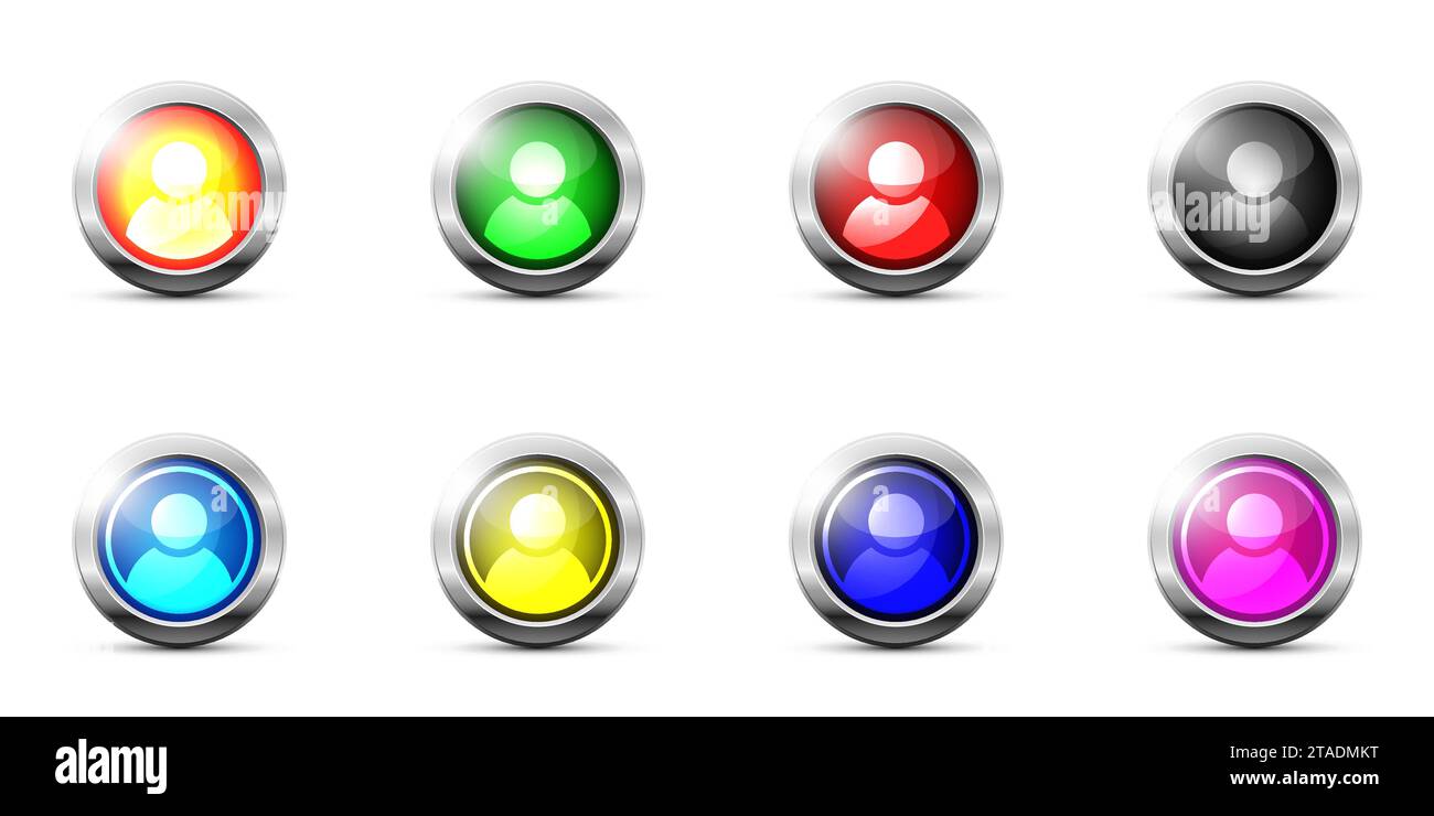 Person icon set. Color glossy buttons with user profile sign. Flat ...