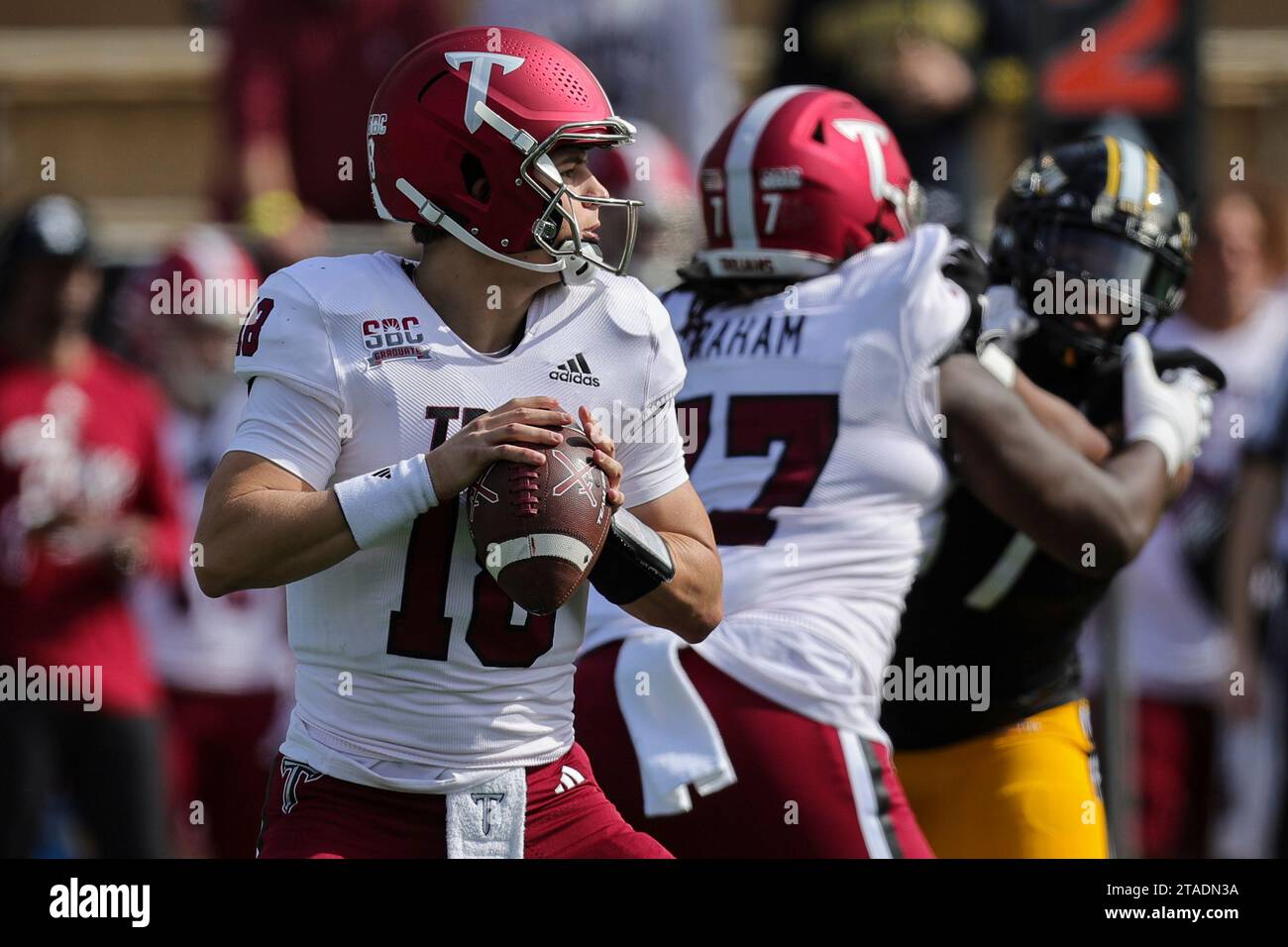 NOV 25, 2021: Troy Trojans quarterback Gunnar Watson (18) sets to pass ...