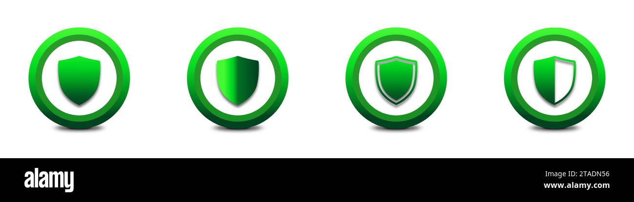 Set of green shield icons with shadows. Green gradient shield. Flat ...