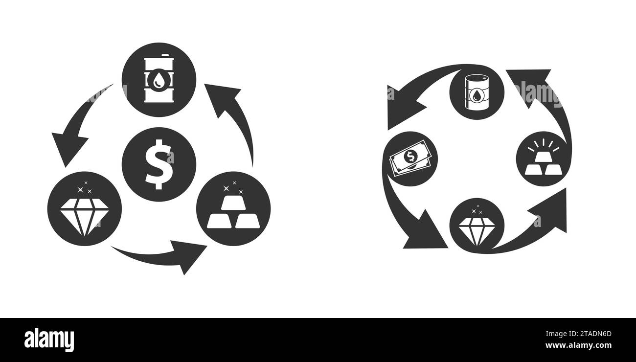 Exchange icon. Dollar, gold, oil and diamond icon with arrows. Global ...