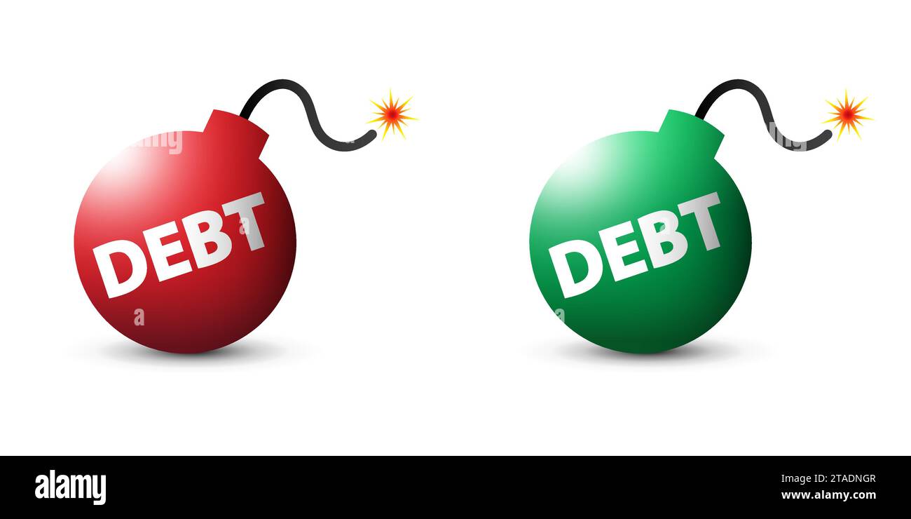 Debt bomb in red and green colors. Monetary crisis concept. Flat vector ...