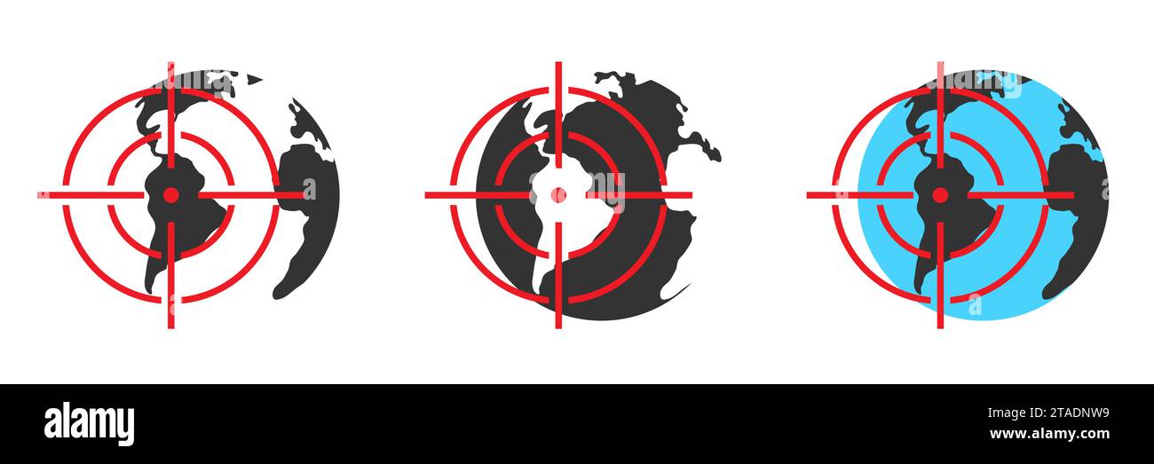 Set of crosshair icon with earth planet. Target on globe. Flat vector ...