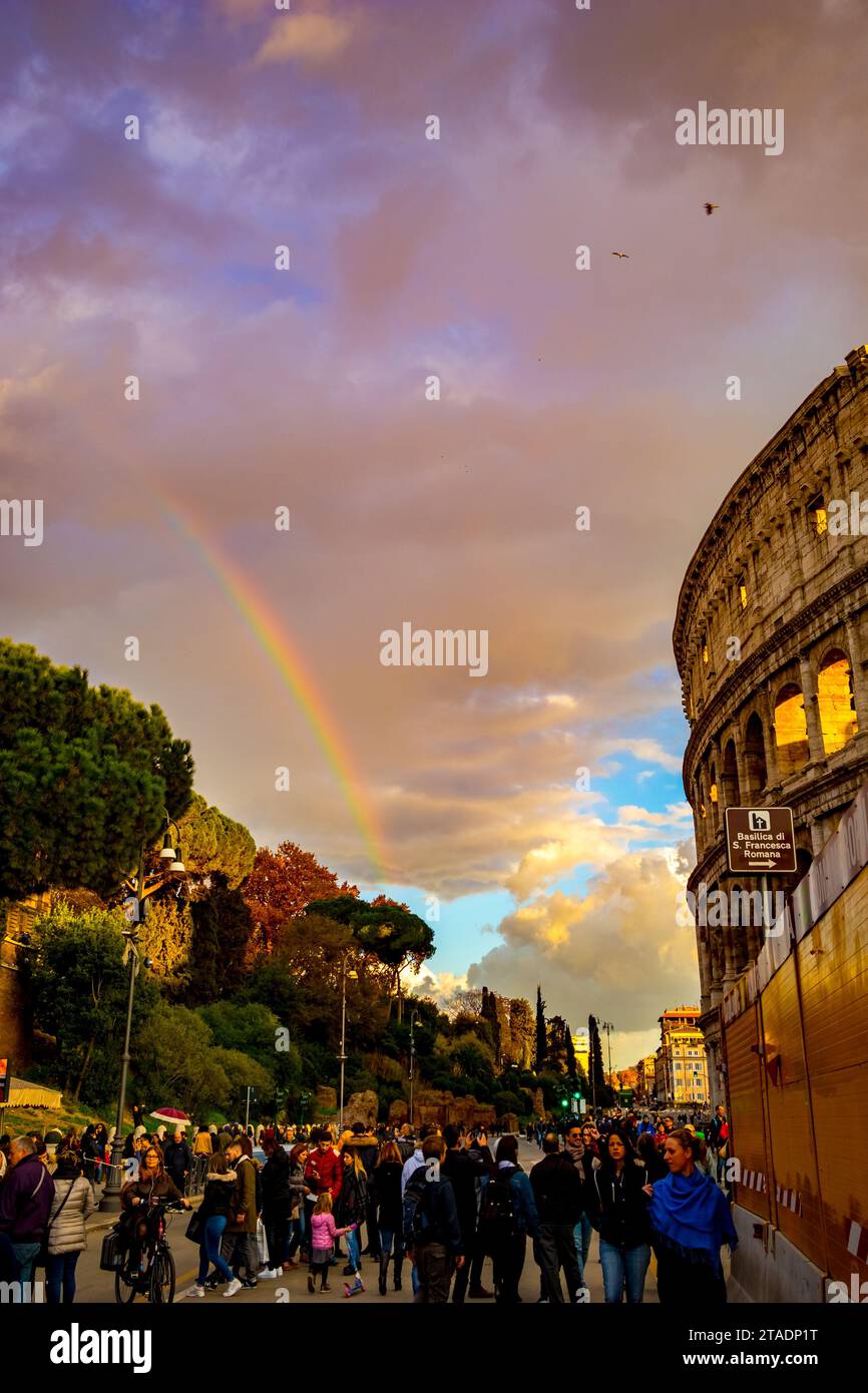 The colosseum with rainbow by its left side, Rome, the capital city of ...