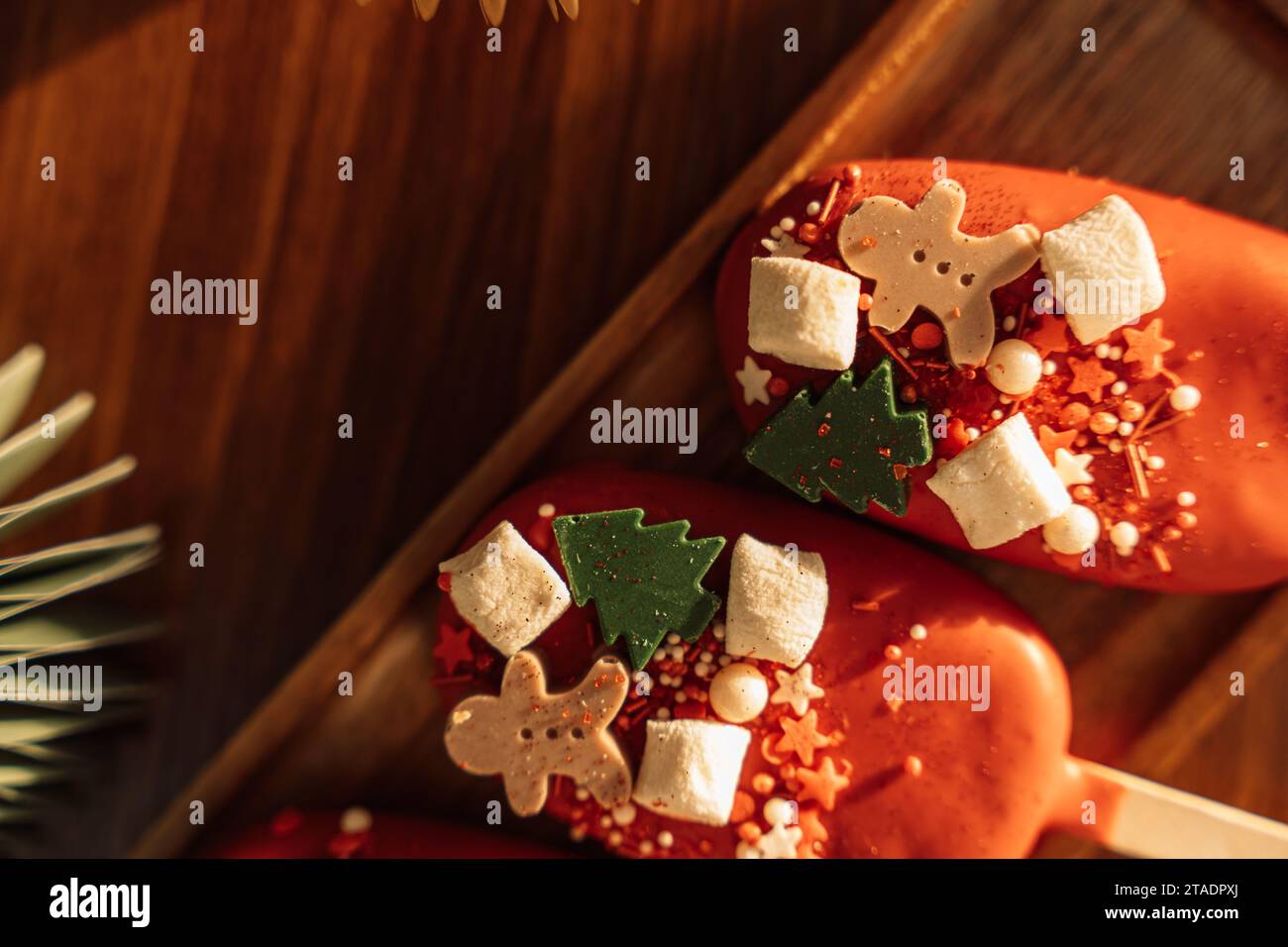 Popsicle-shaped cake on a stick in chocolate with small chocolate trees ...