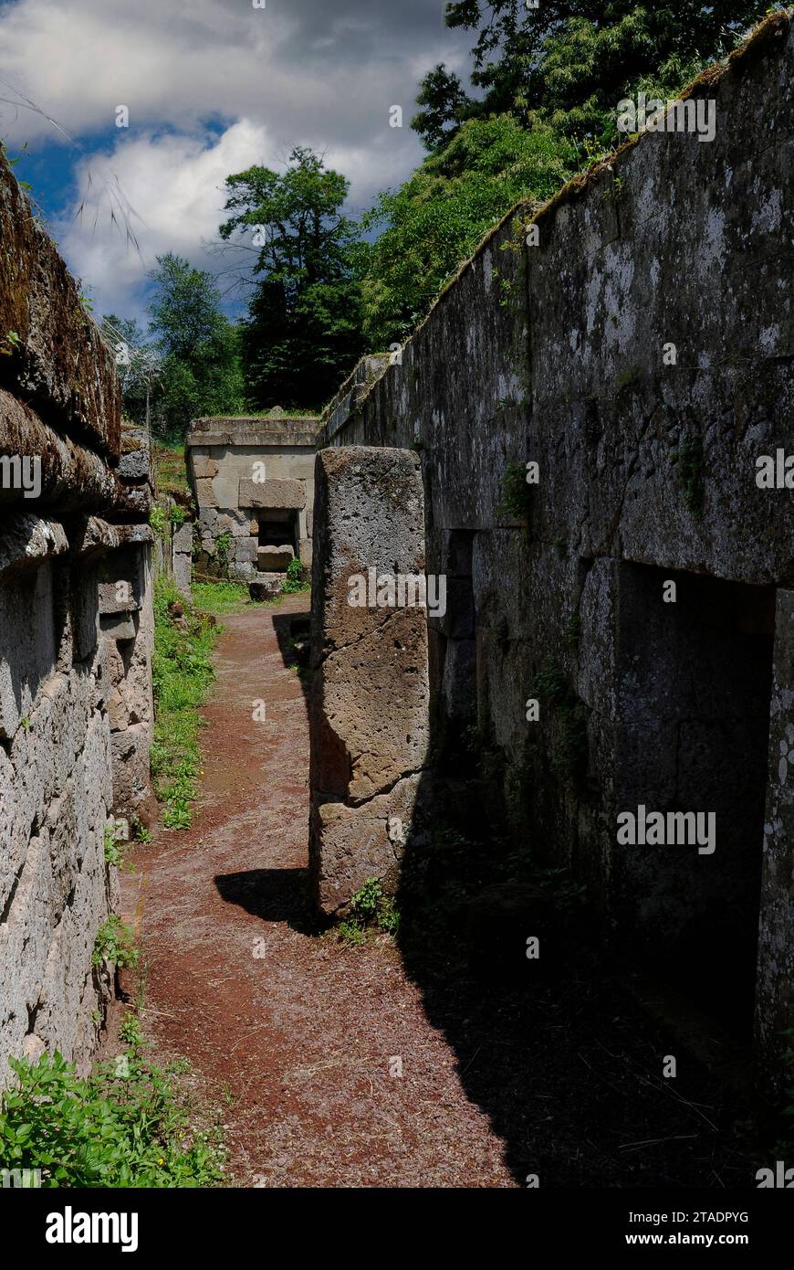 Entrances to rectangular chamber tombs in the Etruscan necropolis of ...