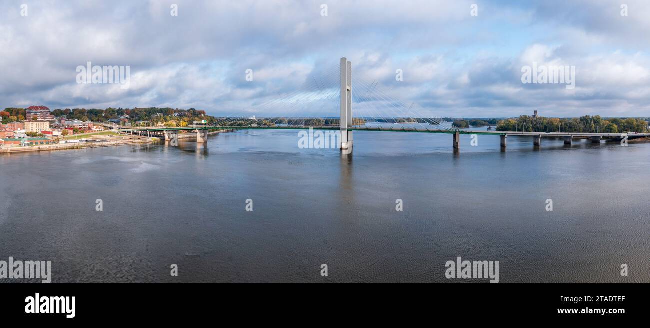 Aerial panorama of the unusual single tower cable stay Great River ...