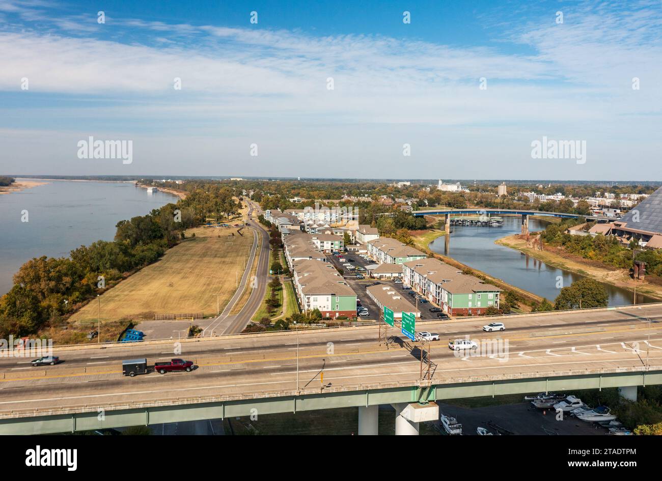 Panoramic view of Mud Island and Harbor town behind Hernando de Soto ...