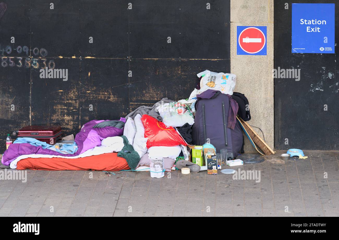 A homeless person's possessions outside Tower Hill rail station, London ...