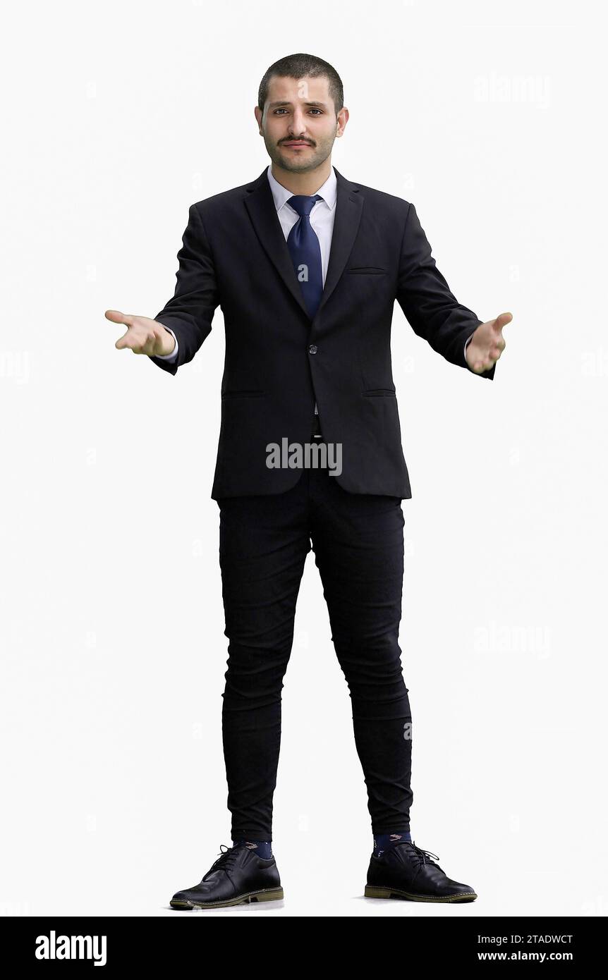 man isolated on a white background shows with his hands a sign of what ...